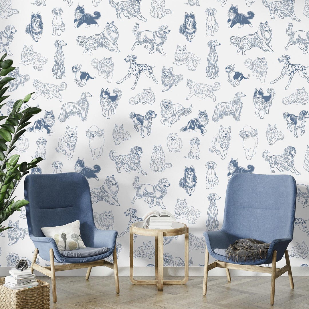 Dog & Cat Blue Wallpaper Peel and Stick for Animal Shelter, Wall Mural ...