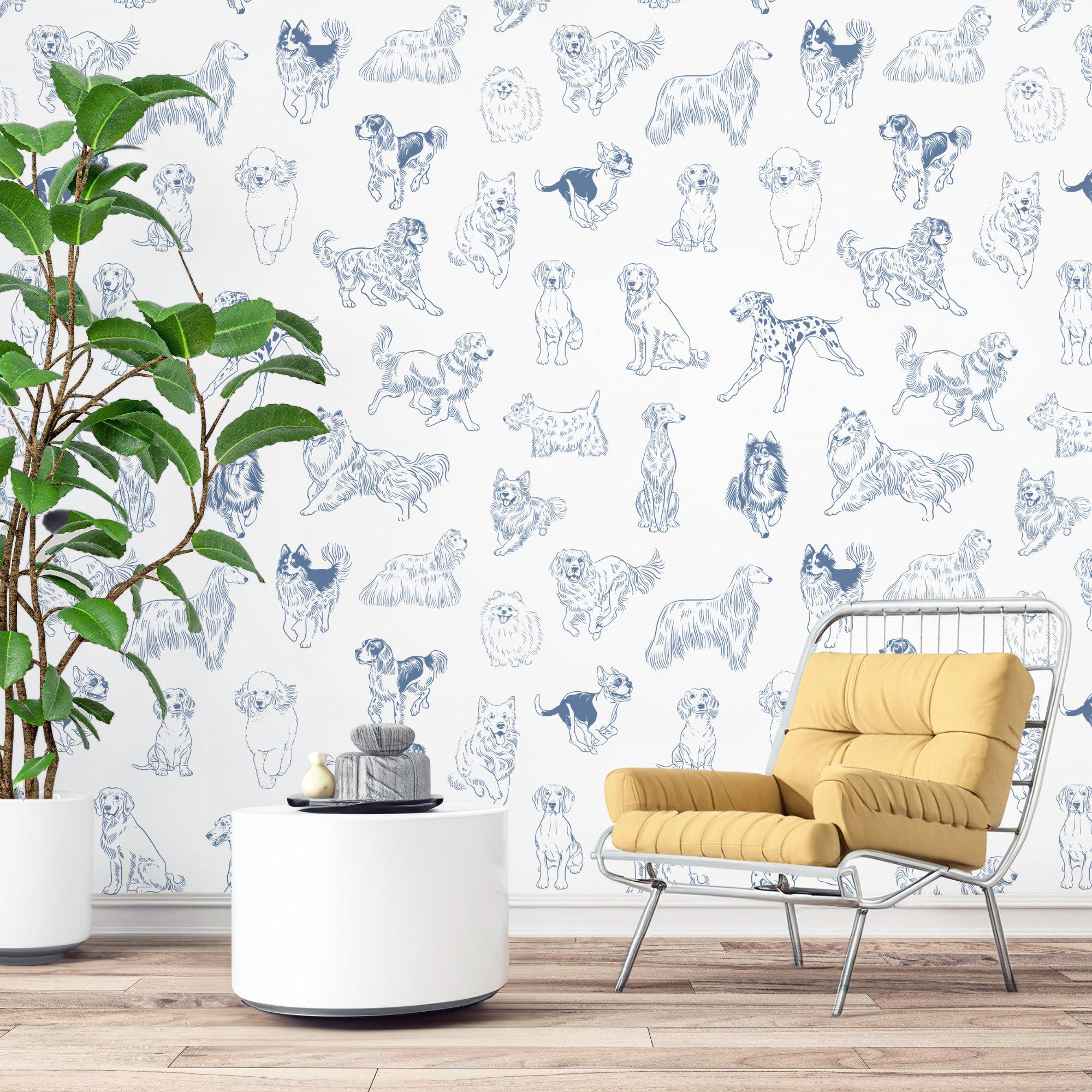Blue Wallpaper Dog Coloring Peel and Stick, PVC Free Wall Mural With ...