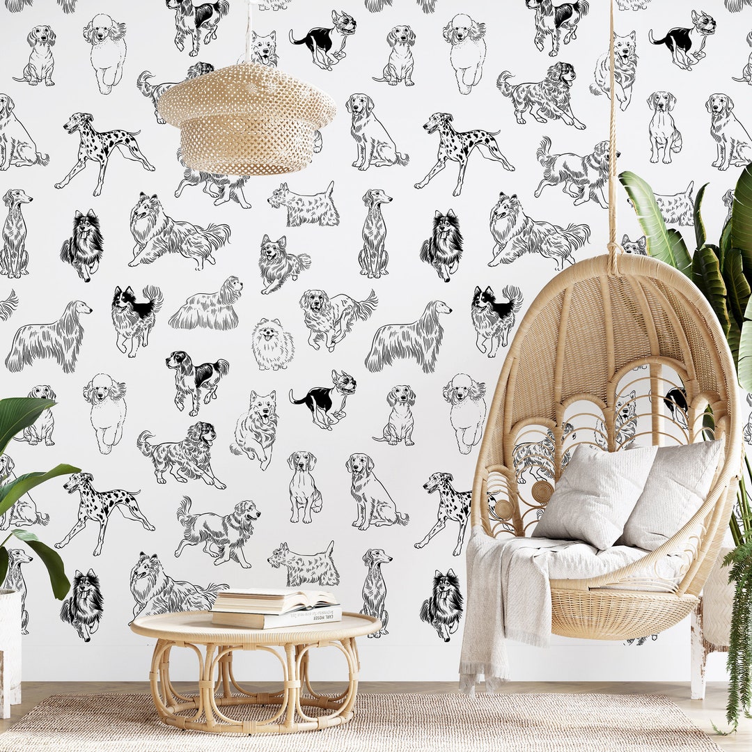 Coloring Wallpaper With Dogs, Peel and Stick Pets Wall Mural Accent ...