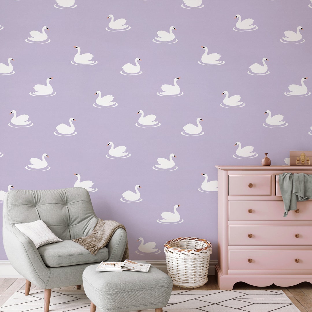 Purple Wallpaper With Bird for Kids Room, Wall Mural Swan Print PVC ...