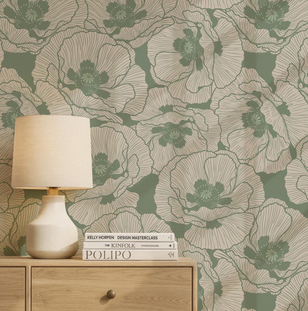 Large Sage Green Poppy Floral Wallpaper | Premium Removable Peel and ...