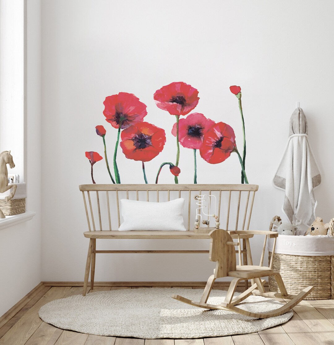 Red Flower Wall Decal for Nursery, Wall Decal Flowers Poppies for Home ...