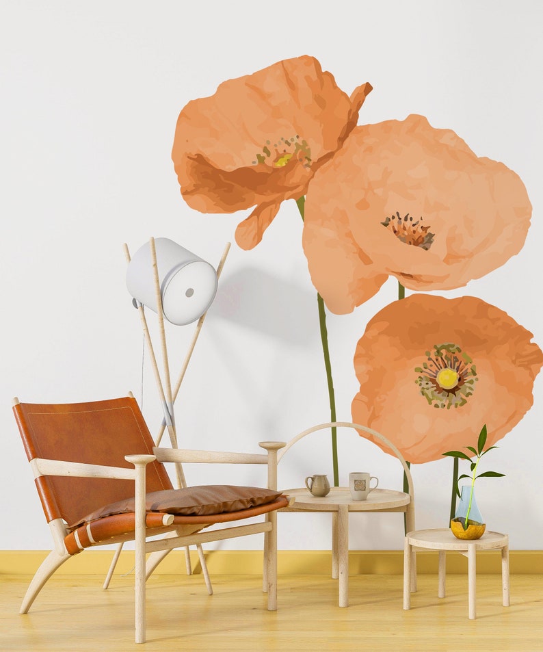 Orange Poppy Wall Decal Peel and Stick, Floral Wall Sticker for Dining ...