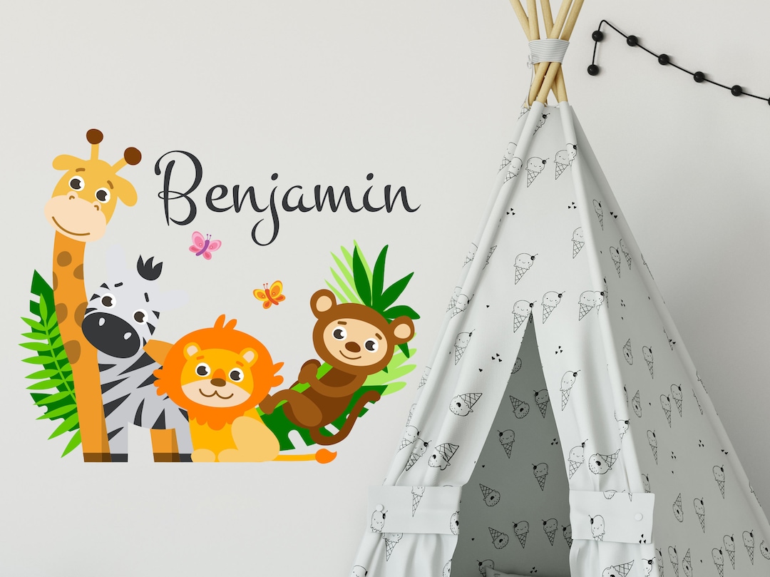 Full Color Safari Nursery Wall Decal. Watercolor Animals Name Decal ...