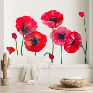 Red Flower Wall Decal for Nursery, Wall Decal Flowers Poppies for Home ...