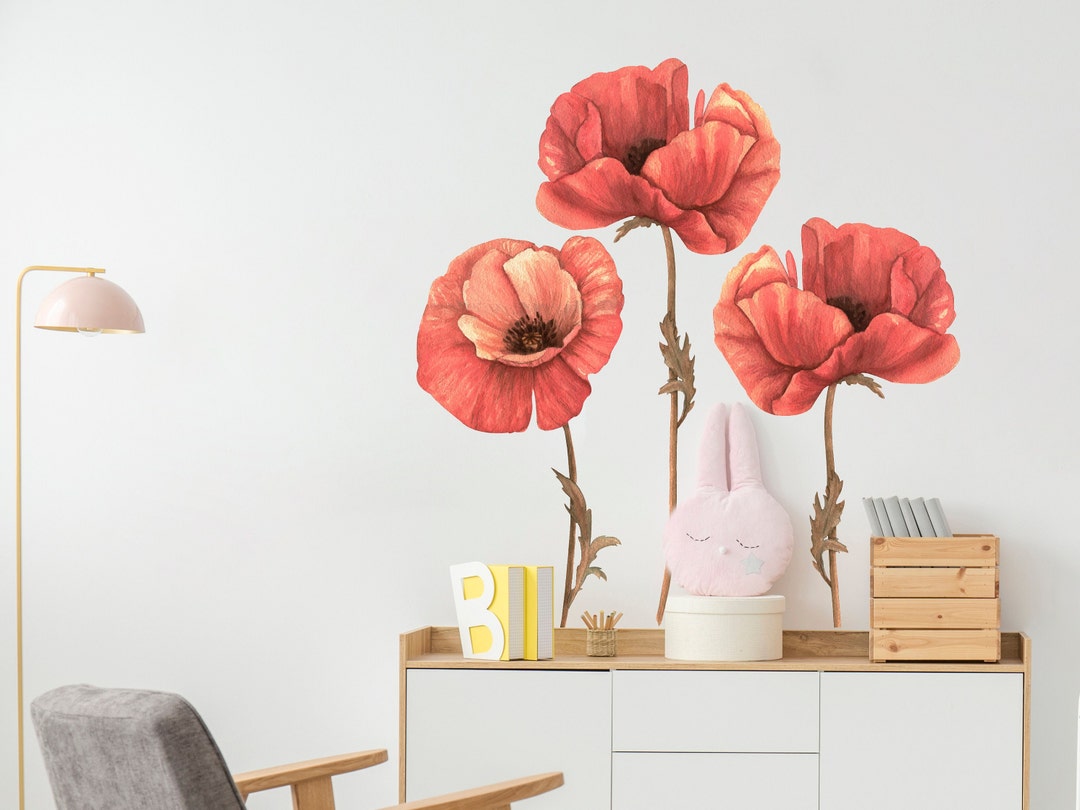 Poppy Flowers Wall Sticker for Bedroom - Floral Decal Home Decoration ...