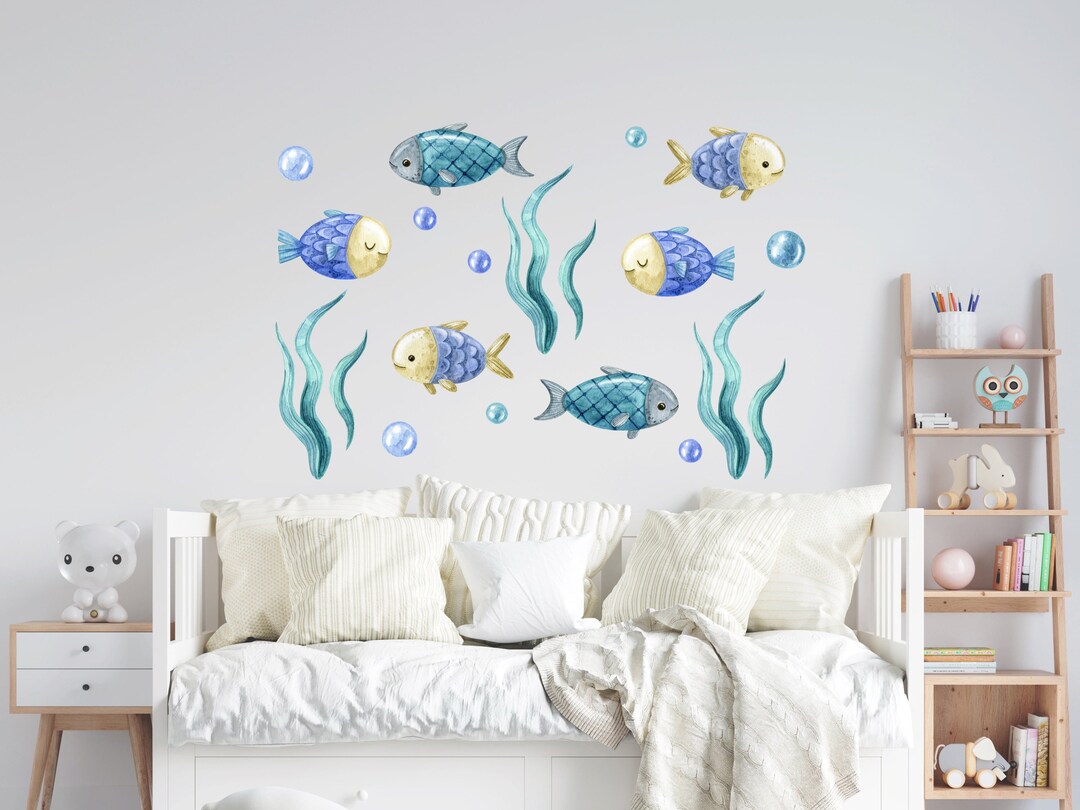 Sea Life Creatures Wall Decal, Sea World Wall Decal Set Fish, Bubbles ...