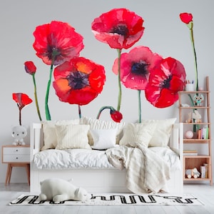 Red Flower Wall Decal for Nursery, Wall Decal Flowers Poppies for Home ...