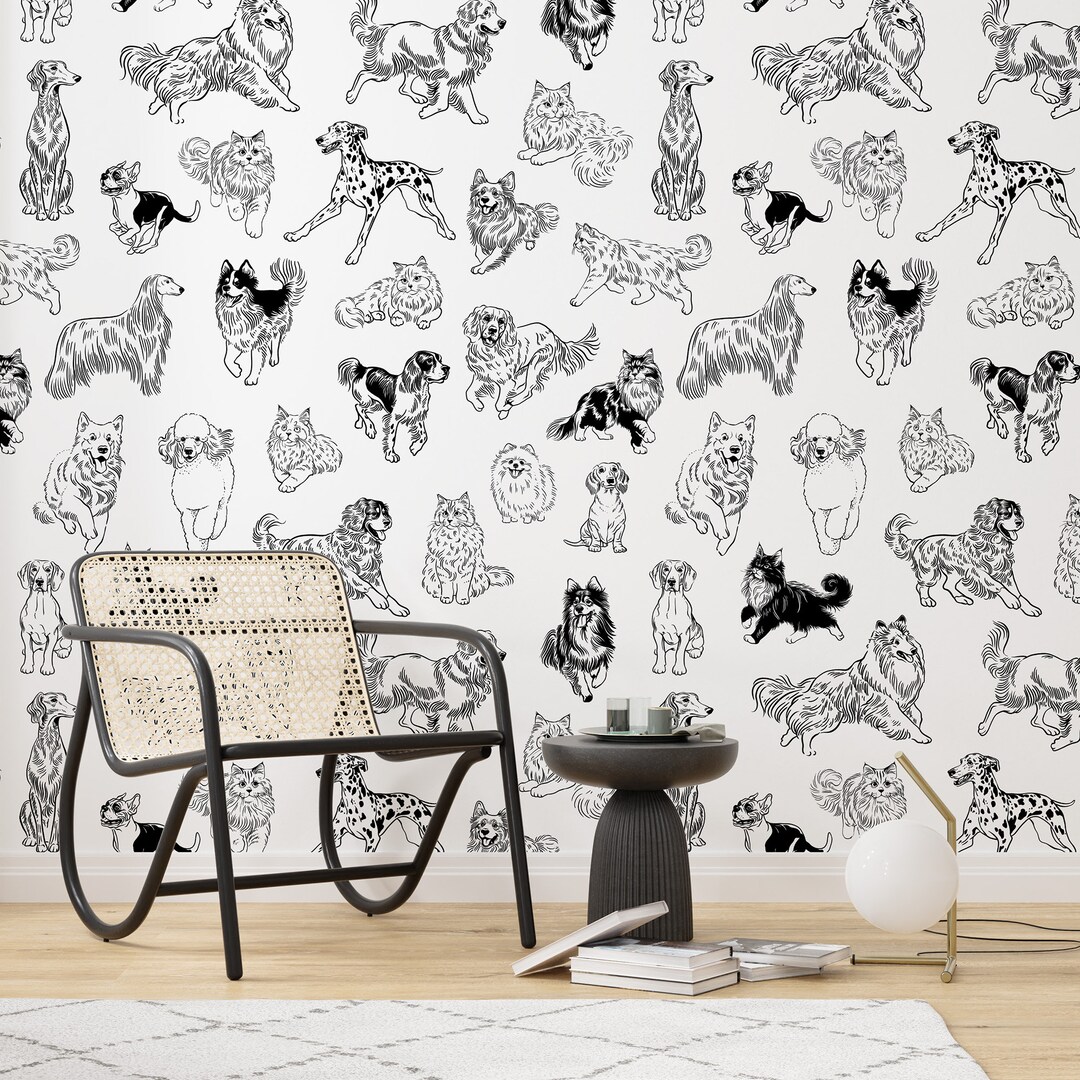 Dog and Cat Wallpaper Peel and Stick, Monochrome Animal Line Art ...