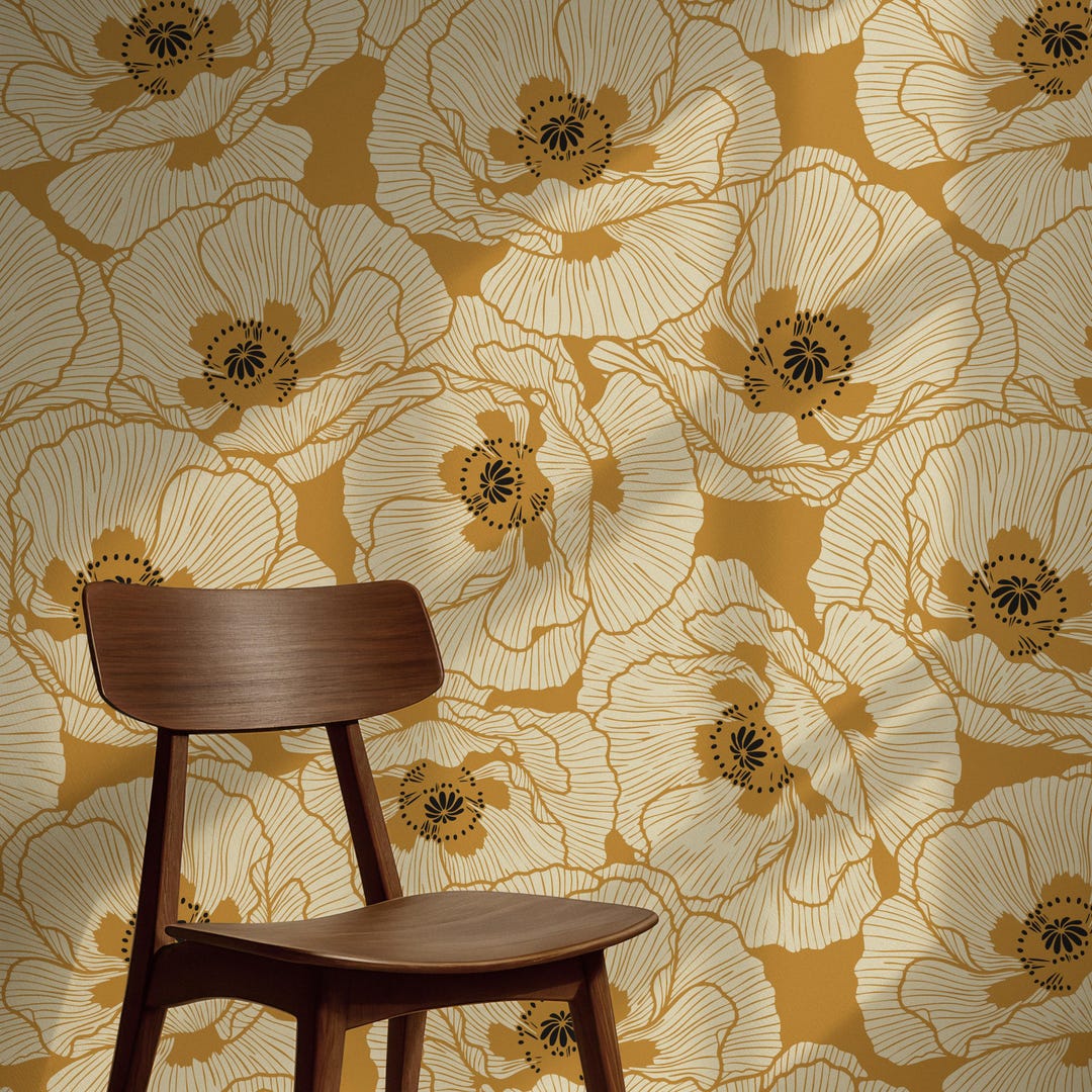 Large Poppy Peel and Stick Wallpaper for Living Room | Premium Yellow ...