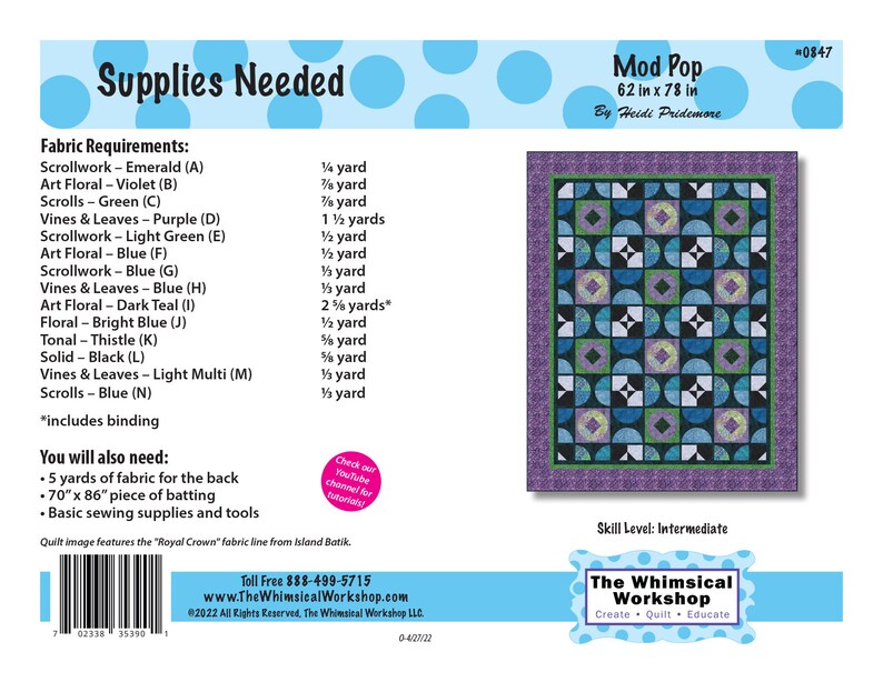 Mod Pop Pieced Quilt Kit Includes Island Batiks Fabric for the Quilt ...
