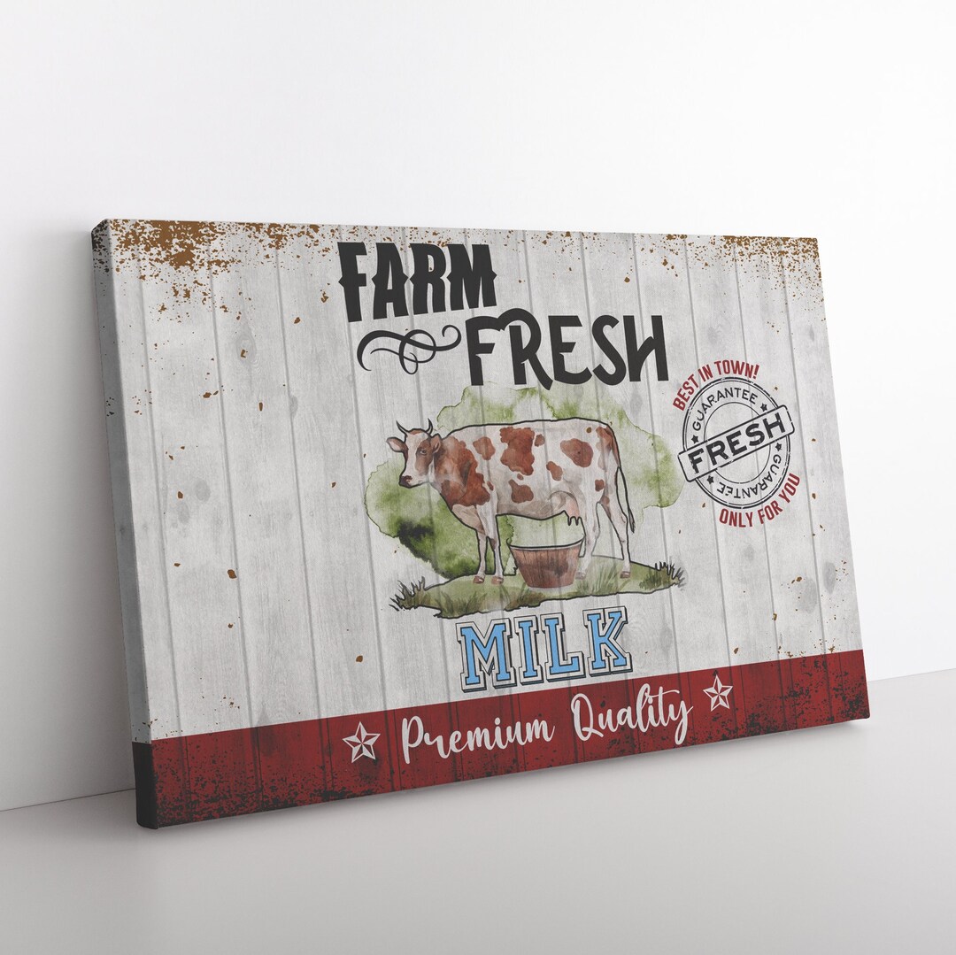 Farmhouse Cow Fresh Milk Rustic Canvas Sign Wall Art Decor, Farm House ...