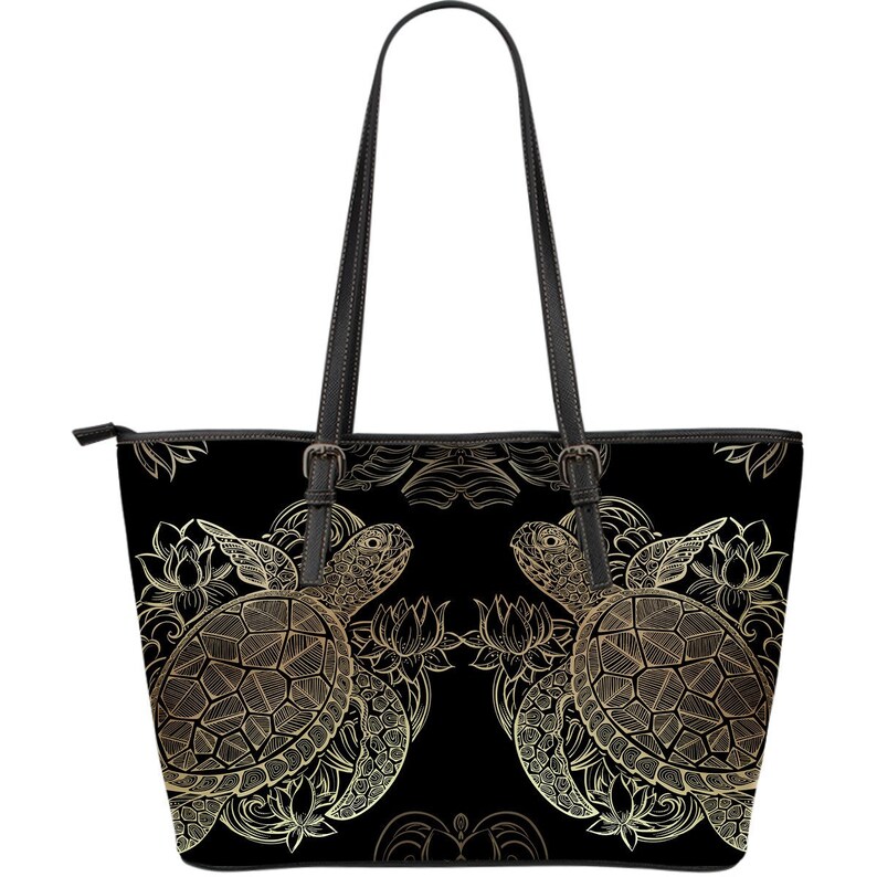 Golden Sea Turtle Book Shopping PU Leather Market Tote Bag, Turtle ...