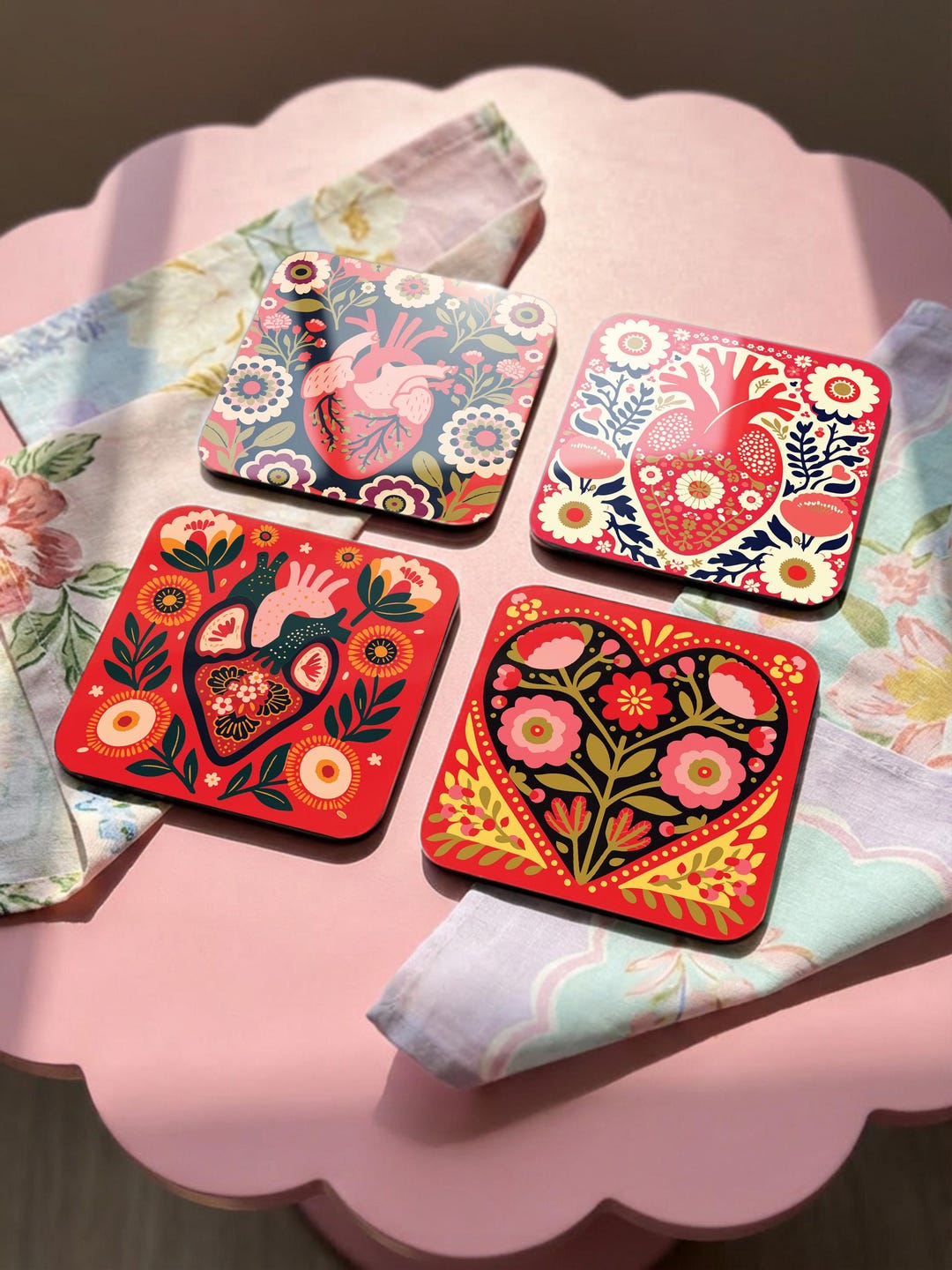 Anatomical Heart Coasters Set - Floral Folk Art Drink Rests and ...