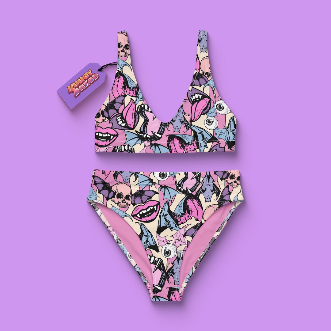 Pastel Goth Swimsuit Vampire Bikini Eyeballs Bats Gothic Swimwear High Waist Bikini