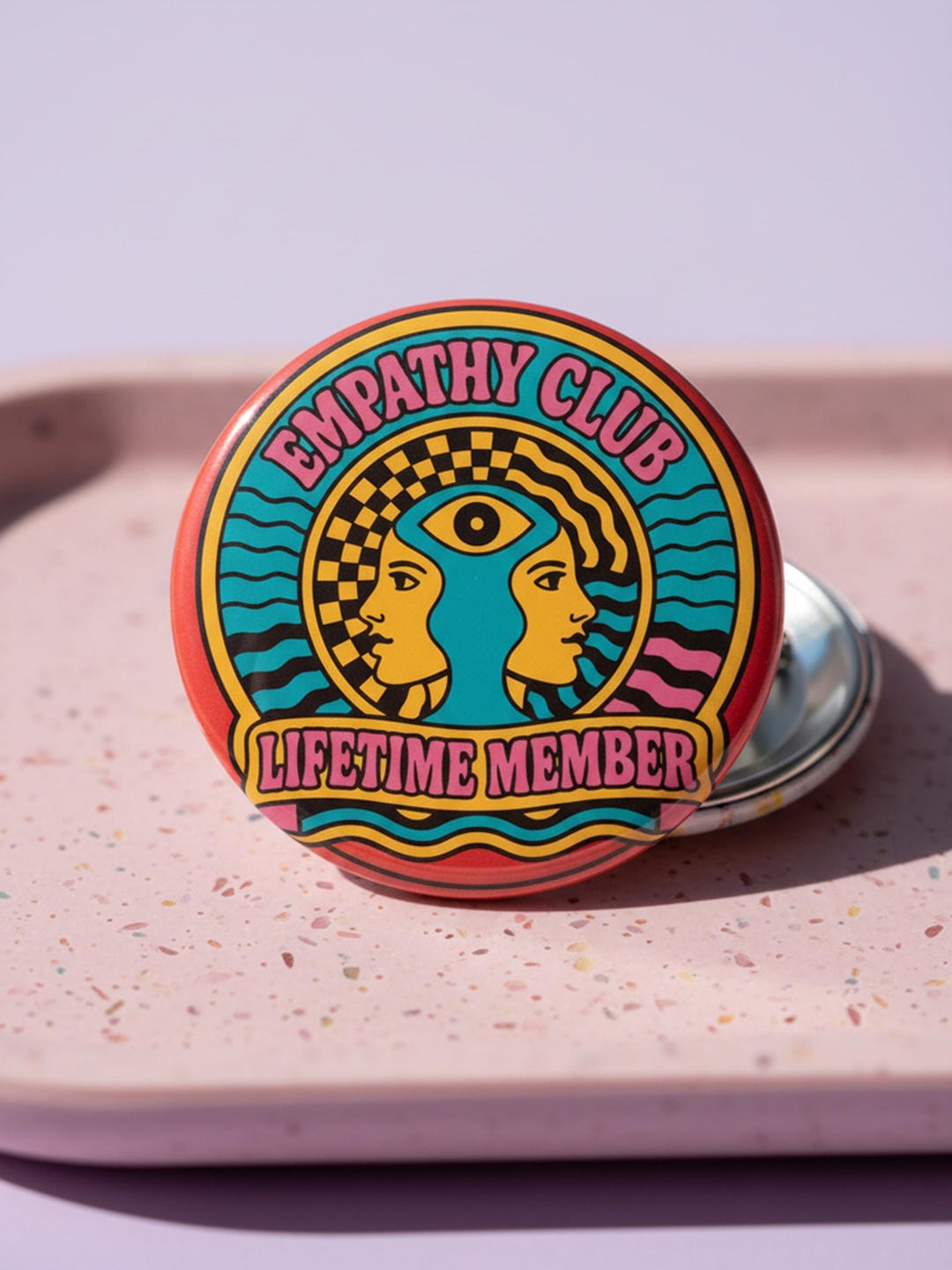Empathy Club Retro 70s Pinback Button: 2.25" Teal and Red Metal Badge ...