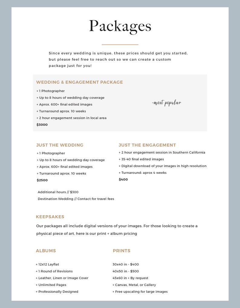 Videographer Price List Template Wedding Price Sheet Pricing Etsy