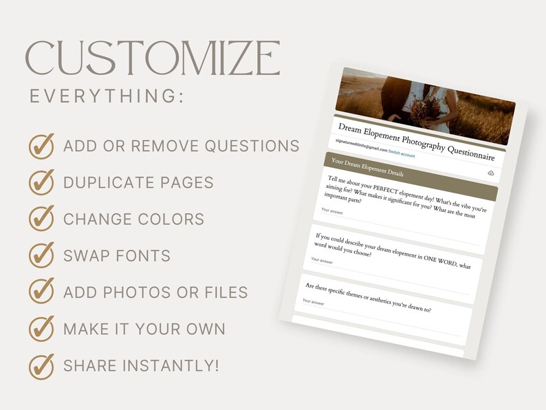 Elopement Photographer Questionnaire: Editable Google Form Template - Etsy