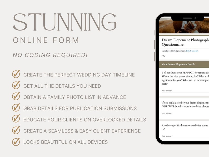 Elopement Photographer Questionnaire: Editable Google Form Template - Etsy