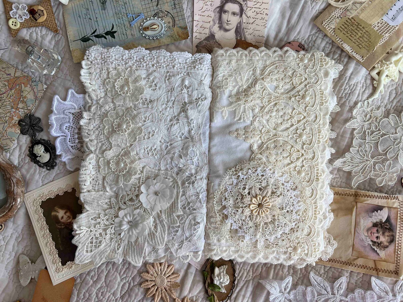 Fabric Book, Vintage Crochet and Lace Fabric Book, Junk Journal, Fabric ...
