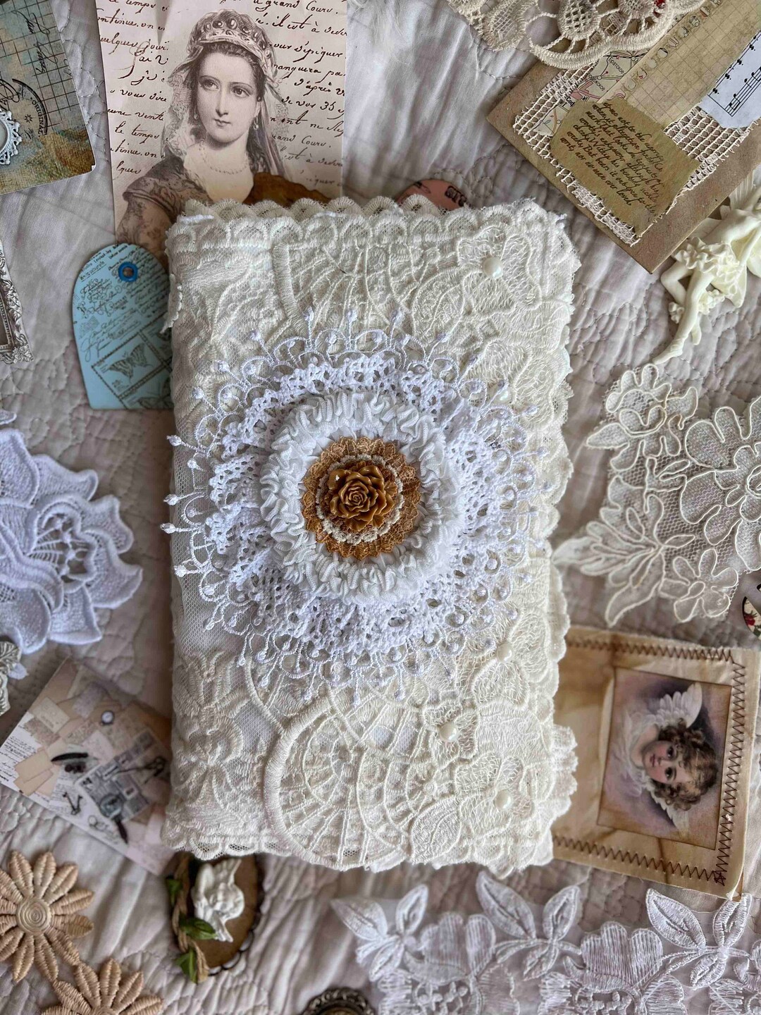 Fabric Book, Vintage Crochet and Lace Fabric Book, Junk Journal, Fabric ...