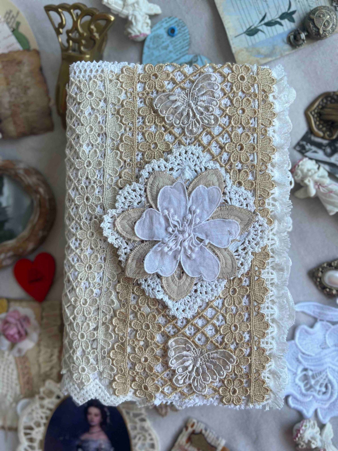 Fabric Book, Vintage Crochet. Lace Fabric Book, Junk Journal, Fabric ...