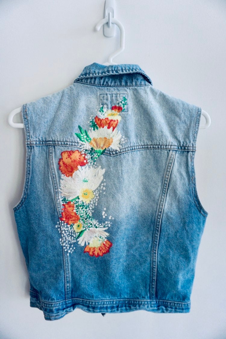 Hand Painted Women's Denim Vest Floral Crown - Etsy