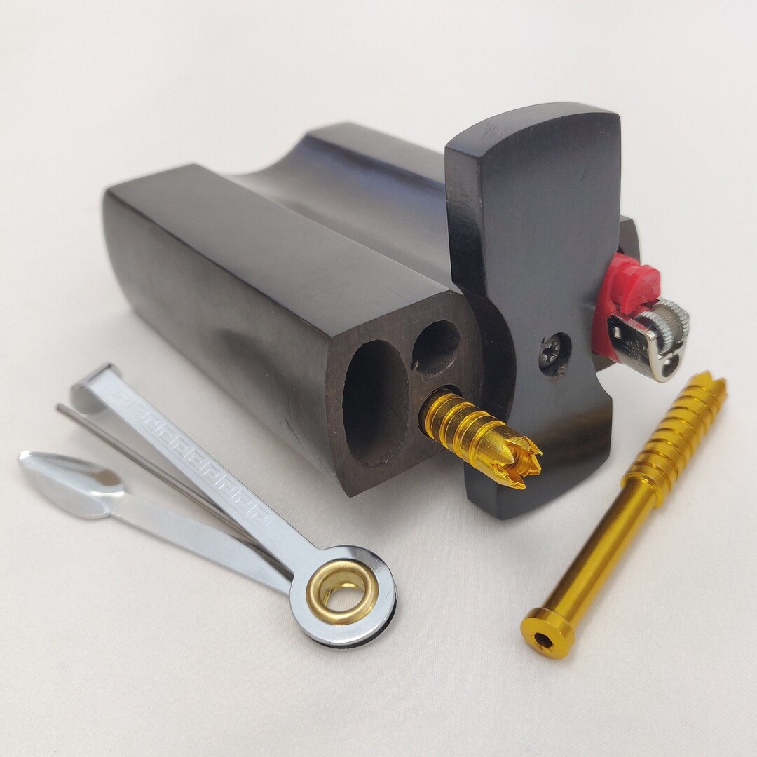 LRG Ebony Wood Dugout Stash Box With 2 Gold Grinder Tip One Hitter Bats ...