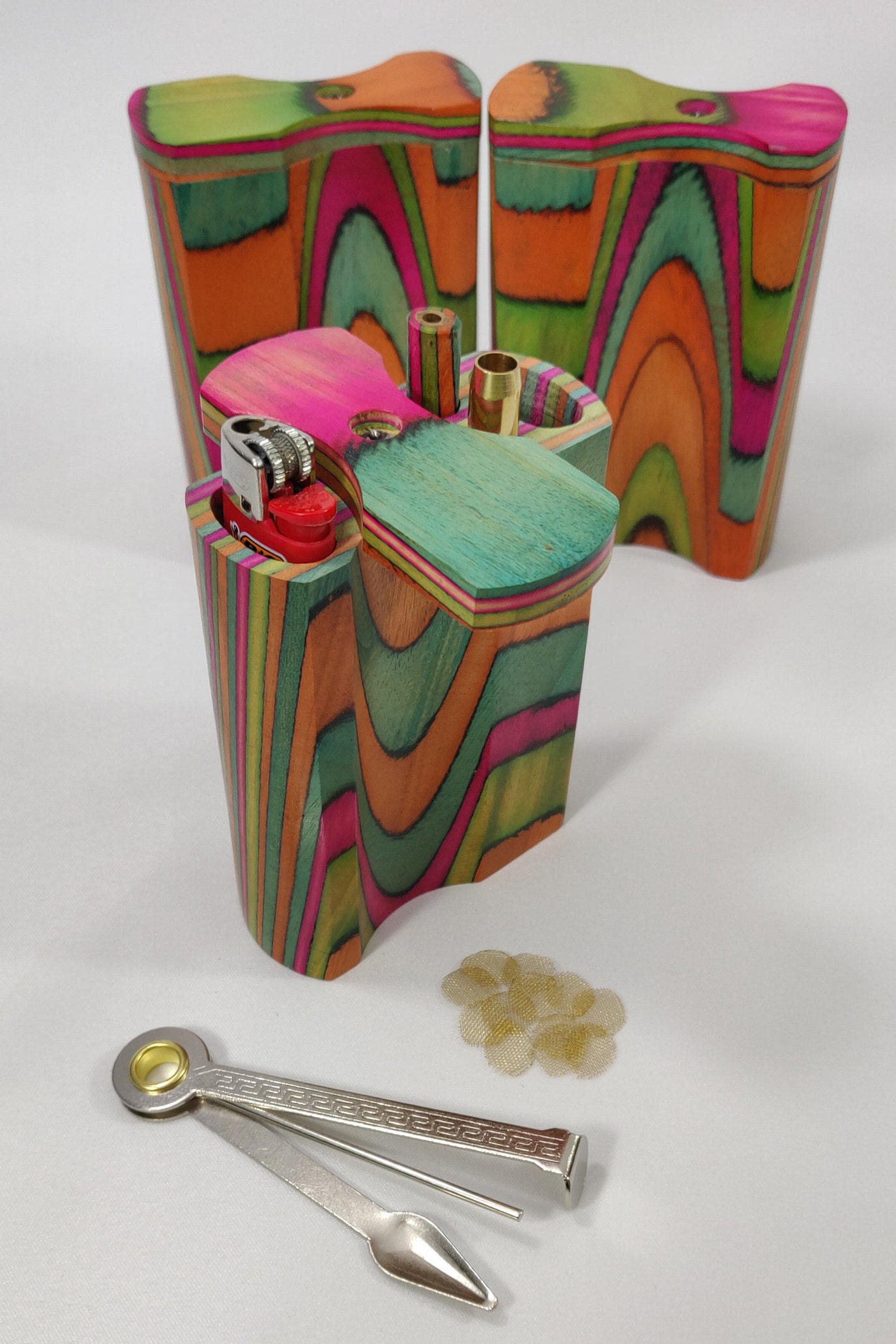 Large Rainbow Dugout Stash Box (4in) W/ 2 Brass One Hitter Bats W ...