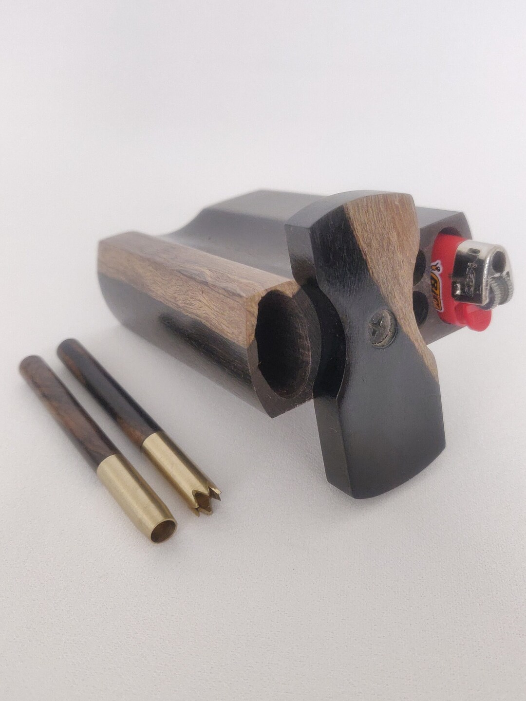 Ebony W/ Brown LRG Dugout With Lighter, 2 Brass One Hitter Bats With ...