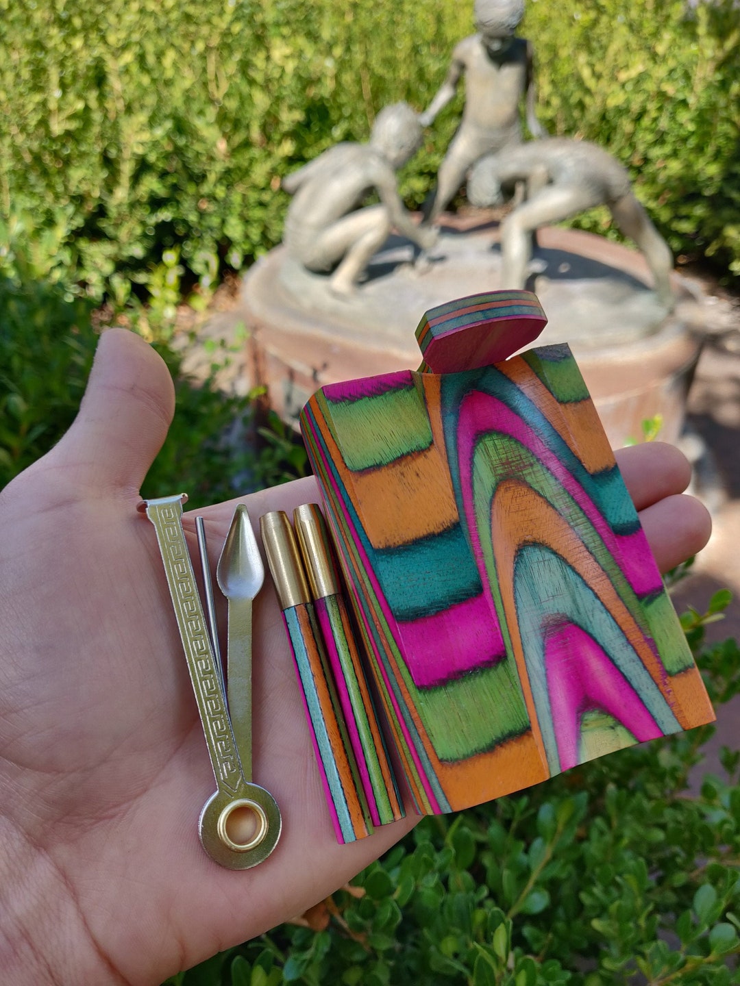 Mango Wood Dugout Stash Box W Dyed Rainbow Layers, Brass One Hitter ...
