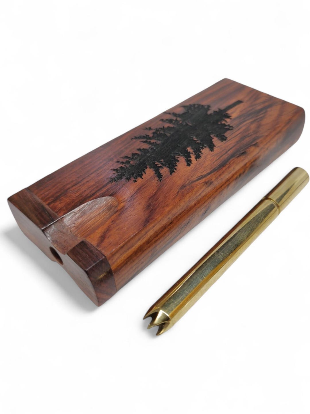 Rosewood Pine Tree Dugout Stash Box, Brass One Hitter Pipe, Mini ...