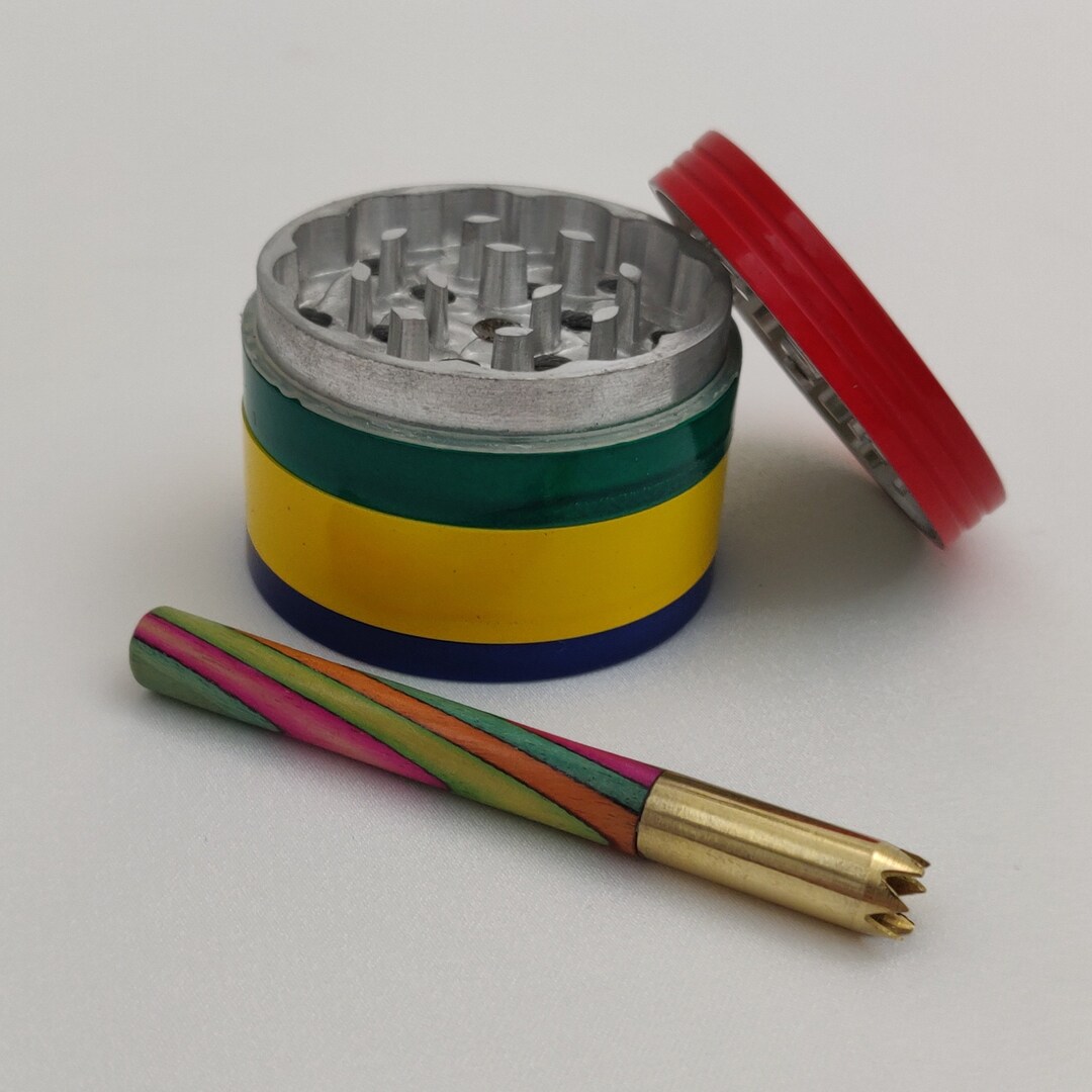 Rainbow Smoking Set, Metal Grinder W/ Dust Catcher, Brass and Wood One ...