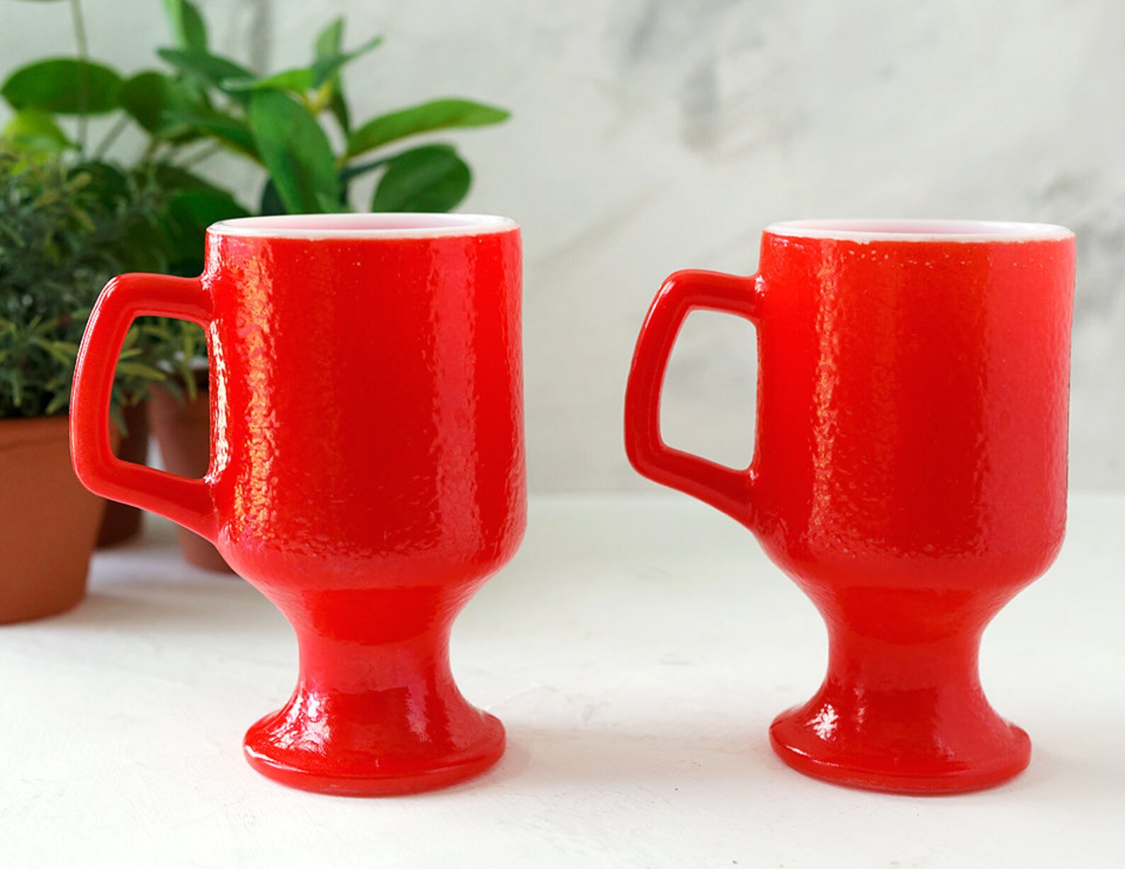 Vintage Coffee Mug-Set of 2-Large Red Mugs-Footed Pedestal | Etsy