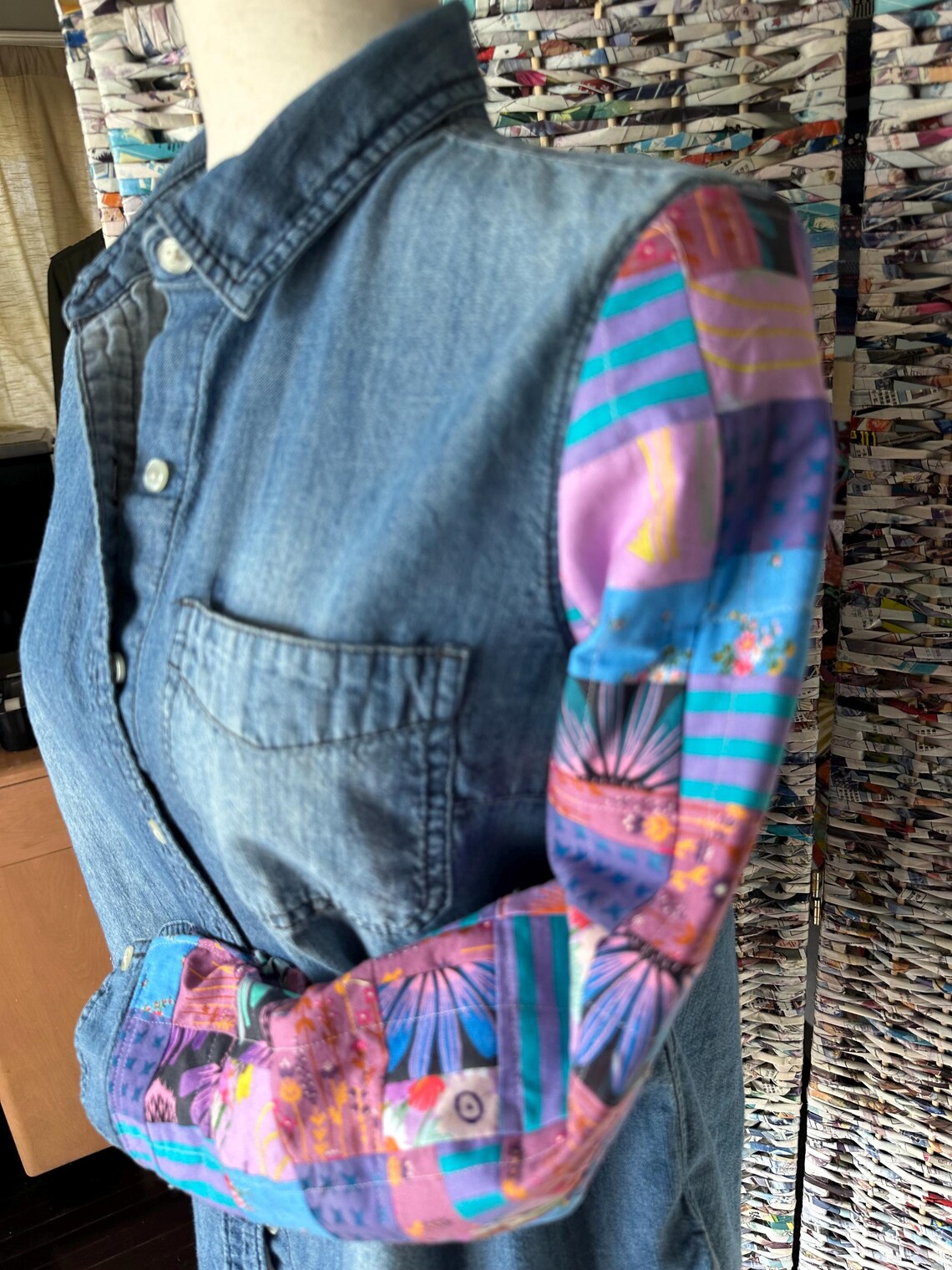 Custom Upcycled Denim Shirt With Quilted Sleeves - Etsy