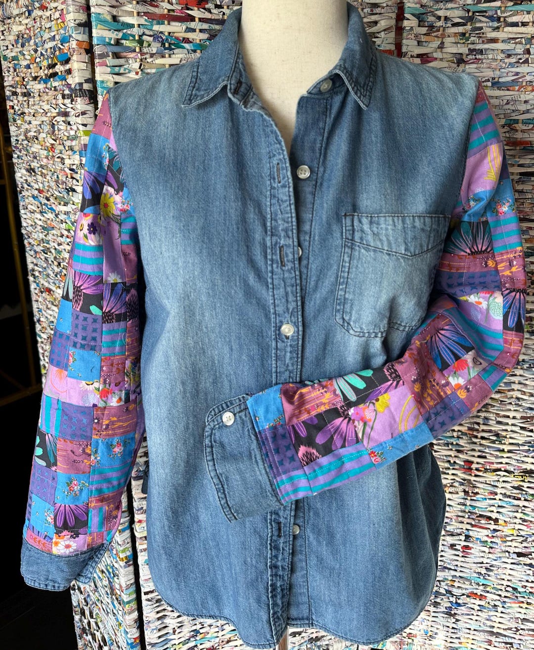 Custom Upcycled Denim Shirt With Quilted Sleeves - Etsy