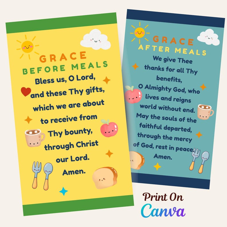 Child Prayer Card Before and After Meals for Kids Catholic Devotion ...