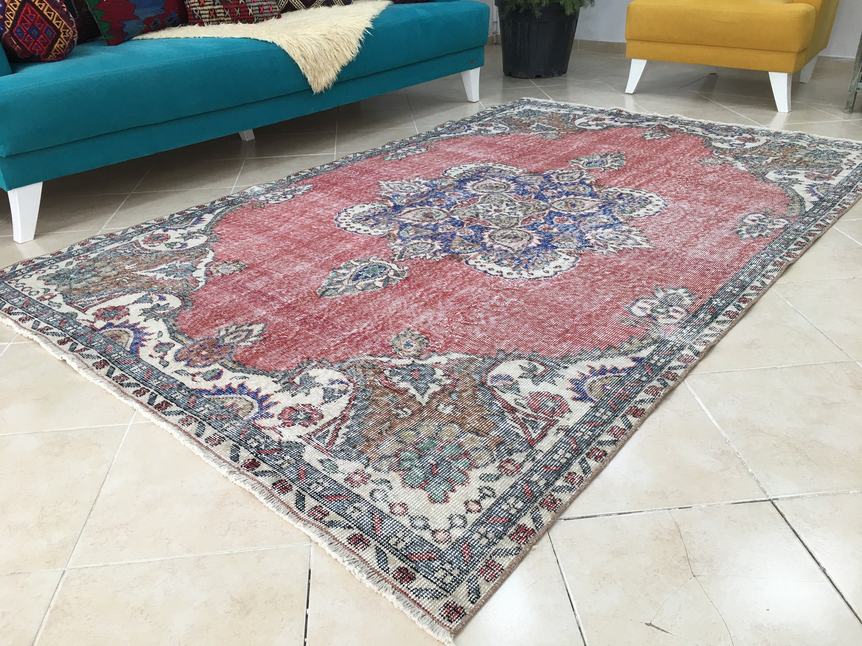 Pink rug Turkish rug Vintage rug Oushak rug Wool rug | Etsy