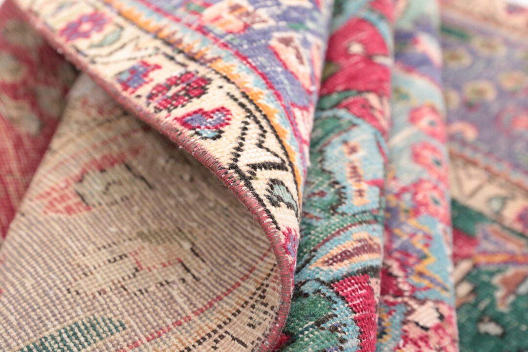 Pink Green Rug, Wool Handmade Rug, Turkish Vintage Rug, 6.4x9.3 Ft ...