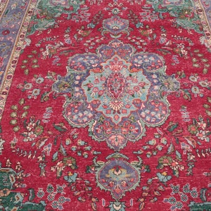 Pink Green Rug, Wool Handmade Rug, Turkish Vintage Rug, 6.4x9.3 Ft ...