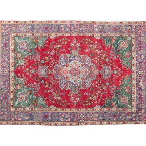 Pink Green Rug, Wool Handmade Rug, Turkish Vintage Rug, 6.4x9.3 Ft ...