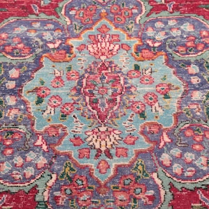 Pink Green Rug, Wool Handmade Rug, Turkish Vintage Rug, 6.4x9.3 Ft ...