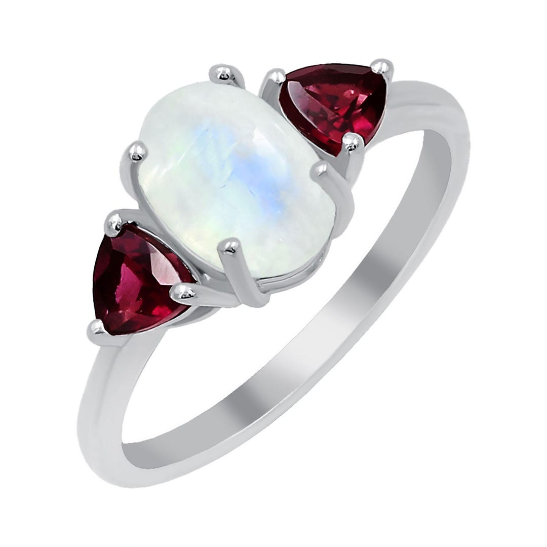 Rainbow Moonstone & Rhodolite Garnet 925 Silver Ring - Etsy