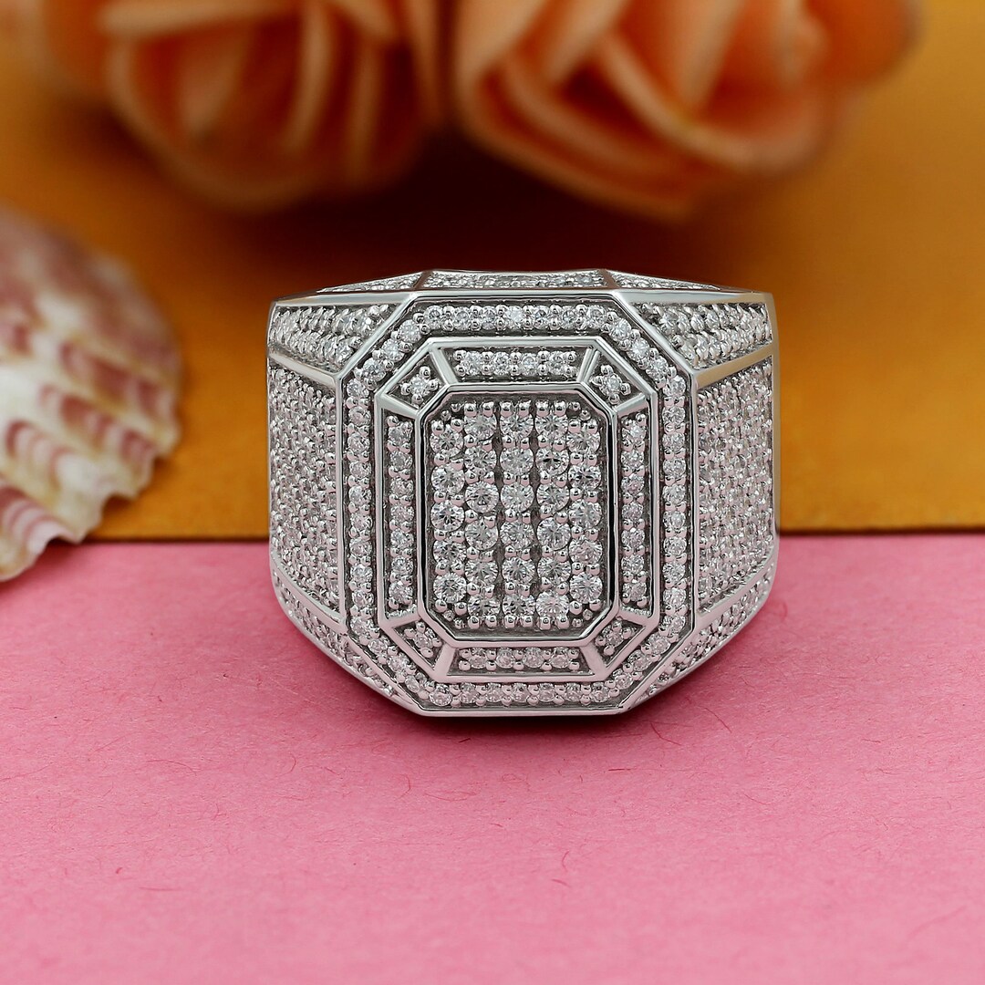 1.80 Ct Men's Iced Out Ring, Large Moissanite Octagon Silver Hip Hop ...