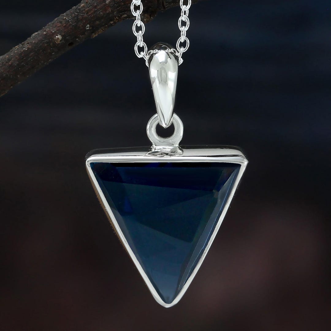 Dark Blue Stone 925 Sterling Silver Triangle Pendant - Etsy