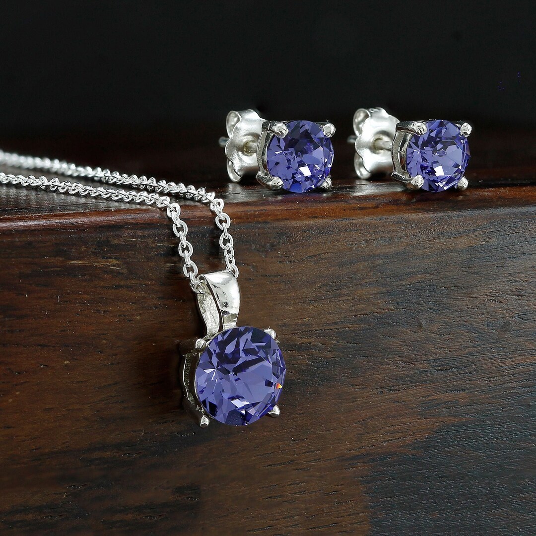 Simulated Tanzanite Jewelry Set: Sterling Silver Pendant Necklace ...