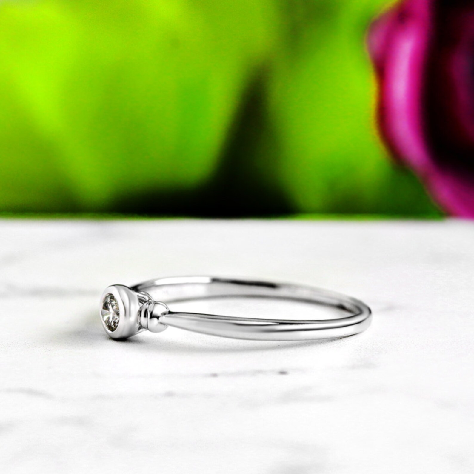 Small Bezel Set Diamond Promise Ring Solid 14K 18K White Rose | Etsy
