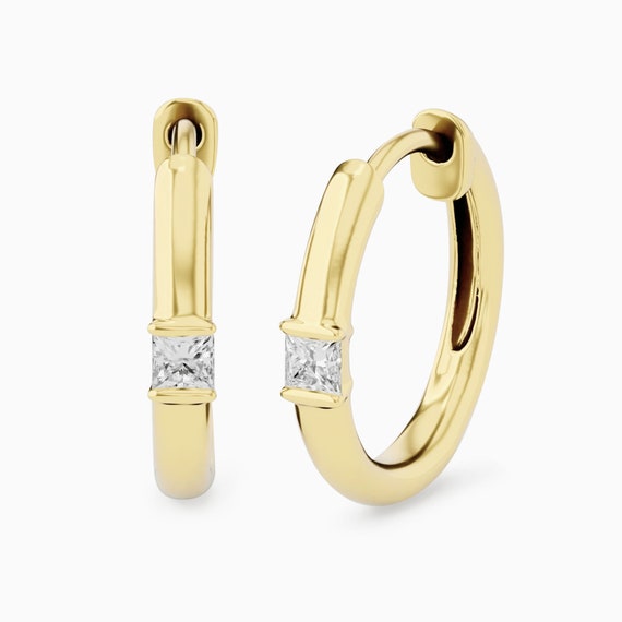 Diamond Earrings Solitaire Diamond Hoop Princess Cut Diamond - Etsy