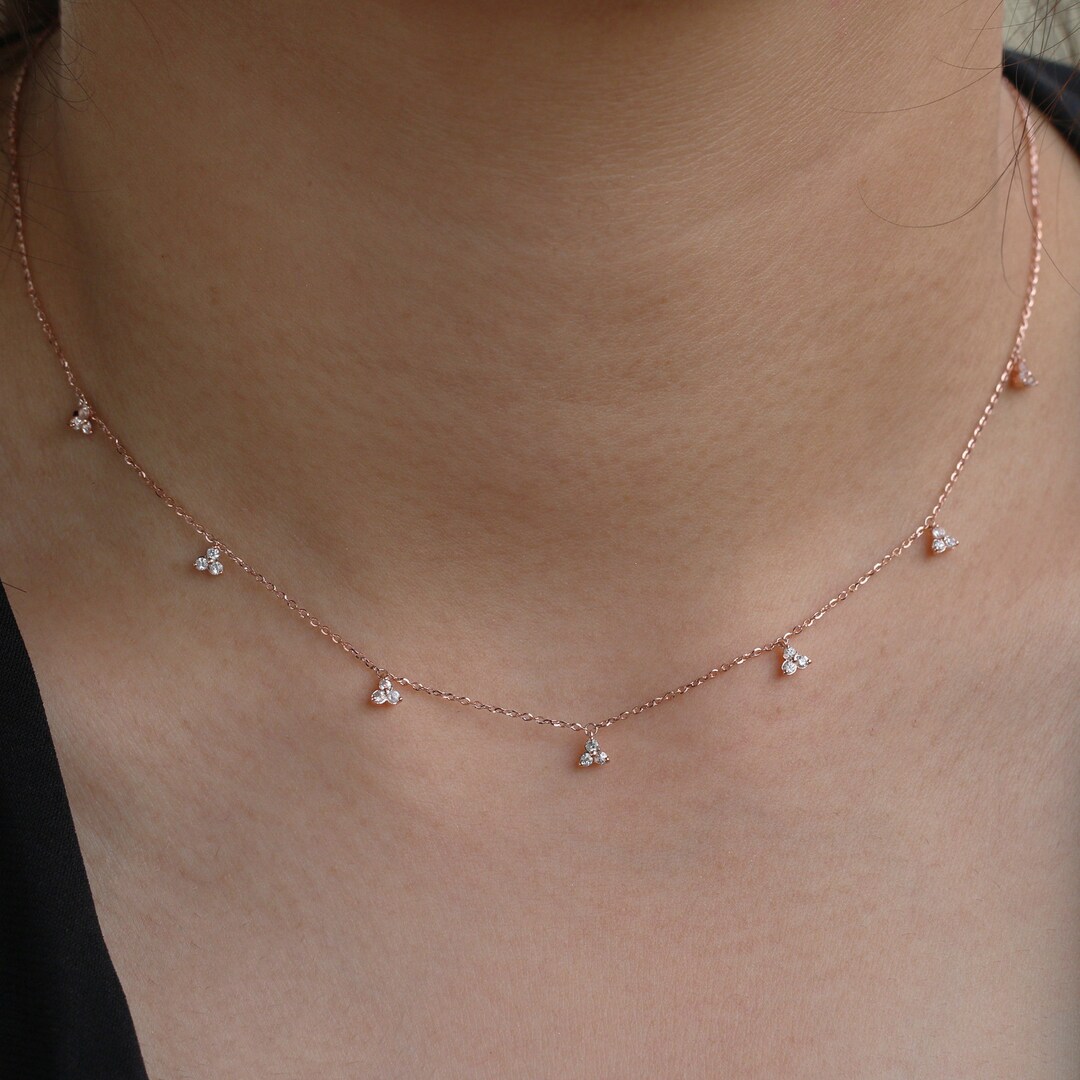 Diamond Station Necklace, Solid 14k 18k White Yellow Rose Gold, Lotus ...