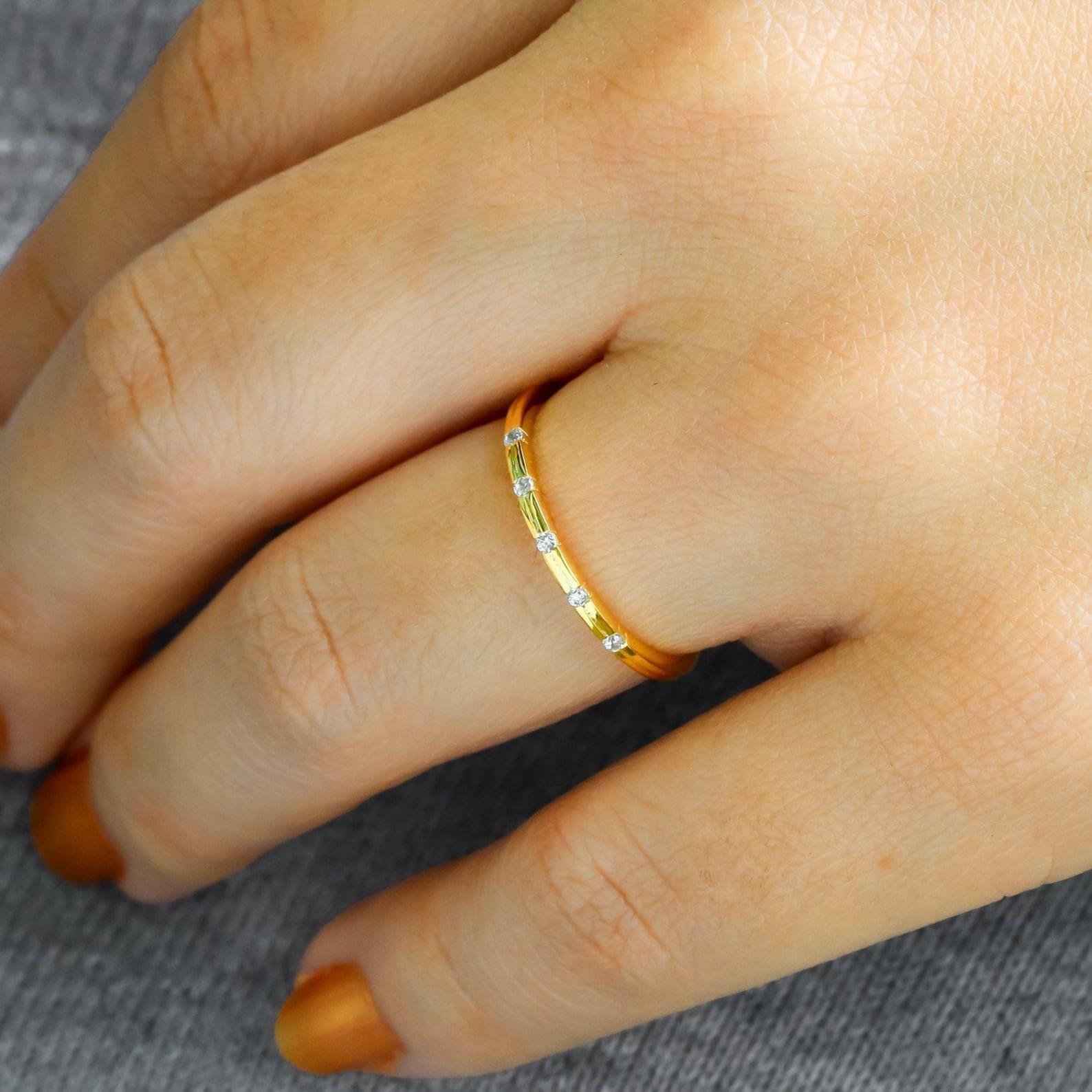 Thin Diamond Wedding Band 14k 18k Solid Gold Dainty Women | Etsy